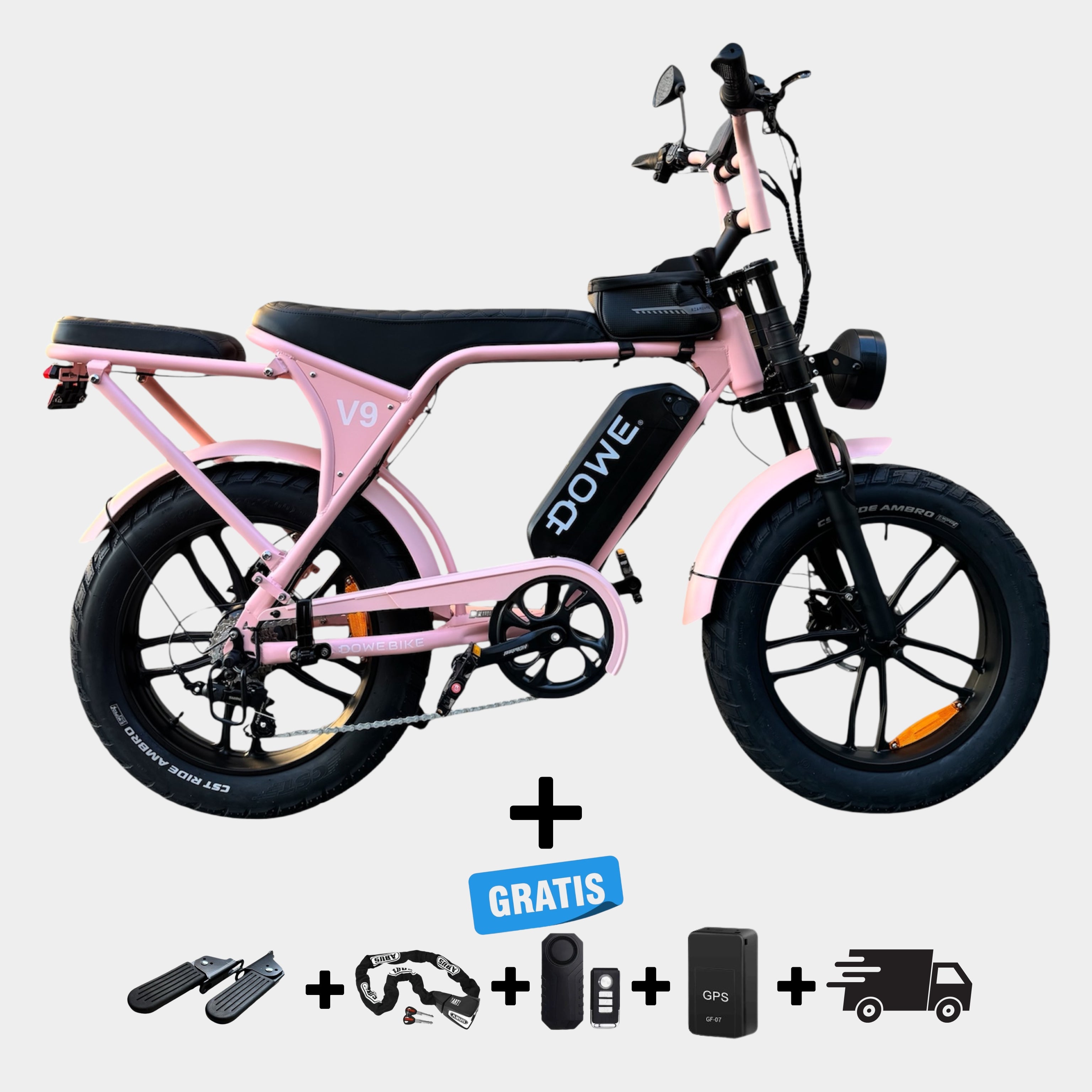 Dowe V9 Elektrische Fatbike Roze – NFC & 17,5Ah Accu – Dowe.Bike